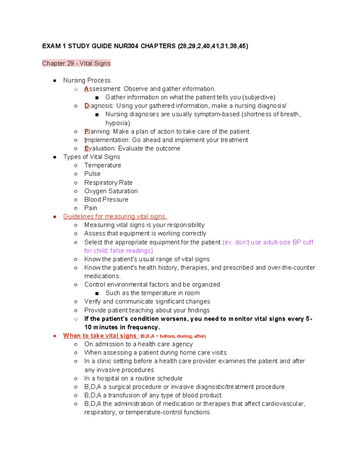 Exam 1 NUR304 Study Guide word - EXAM 1 STUDY GUIDE NUR304 CHAPTERS (28 ...