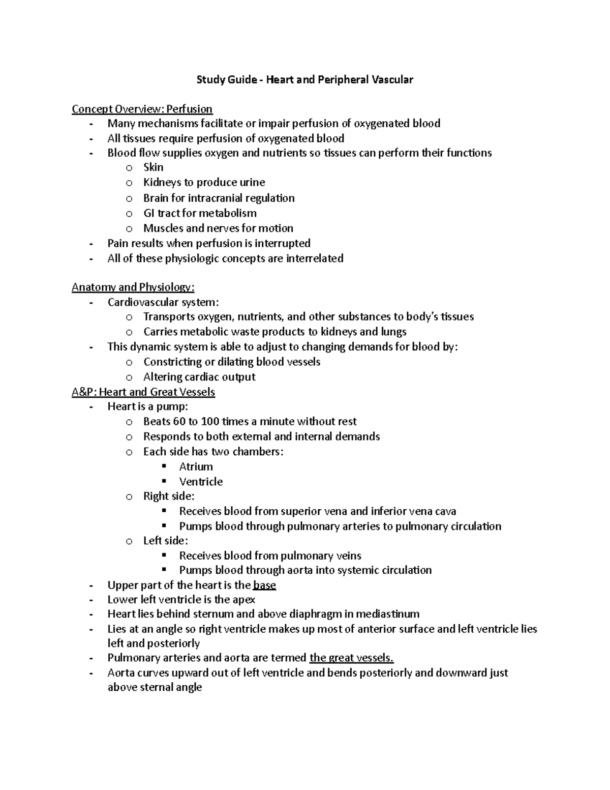 Study Guide Cardio - Study Guide - Heart and Peripheral Vascular ...