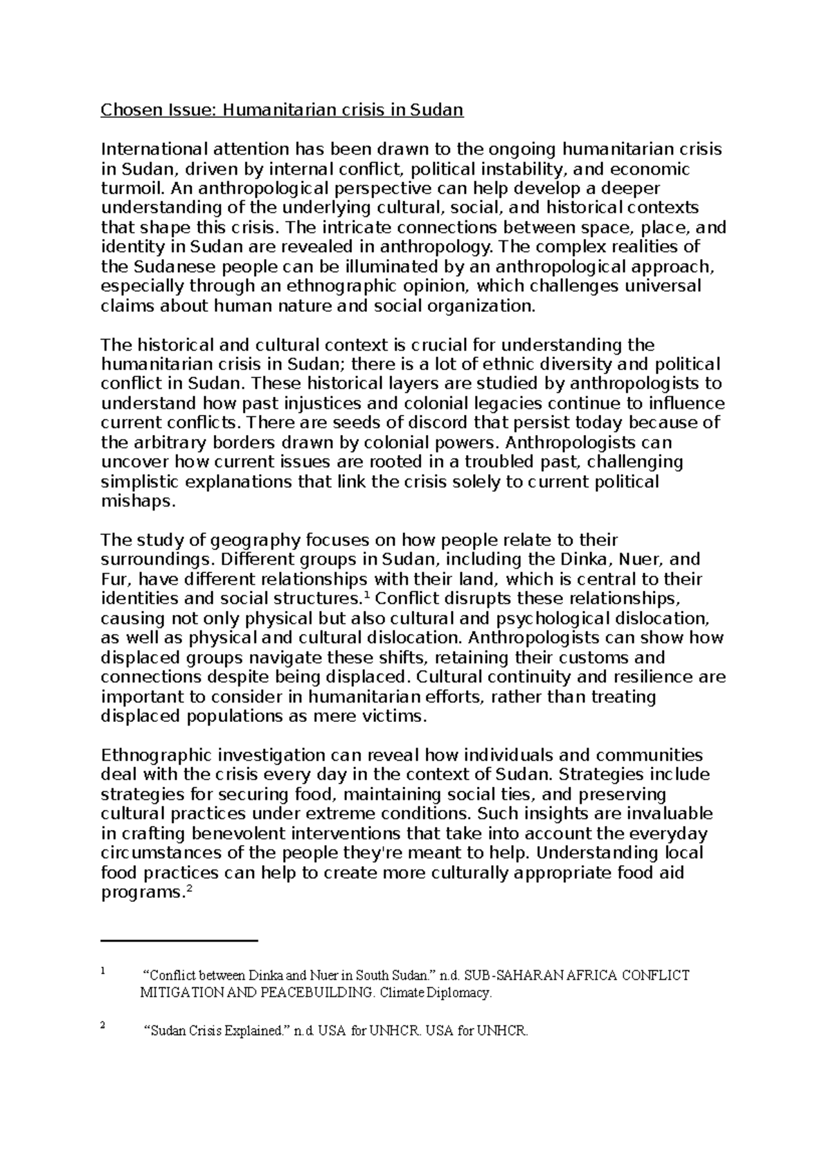 ANTH1001 Third Short Essay - Chosen Issue: Humanitarian crisis in Sudan ...