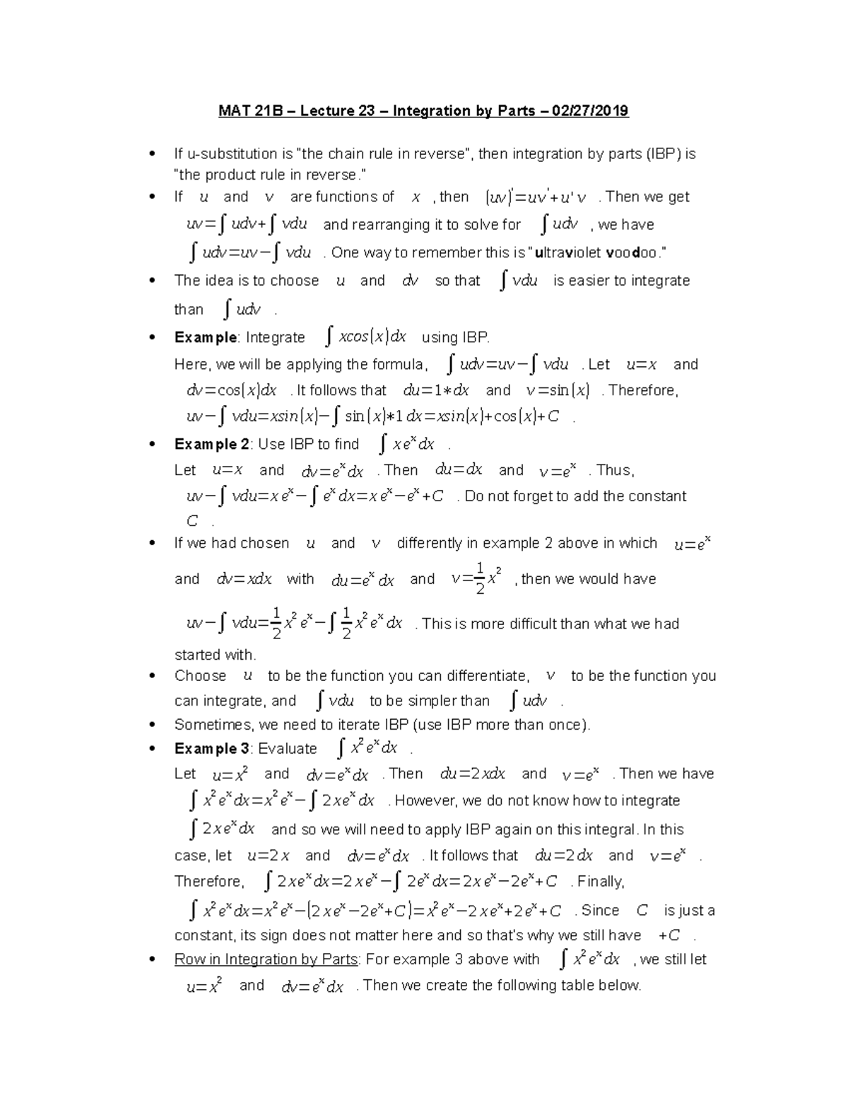 MAT 21B – Lecture 23 – Integration by Parts - MAT 21B – Lecture 23 ...