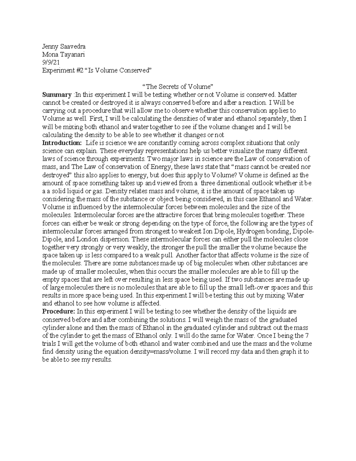 Lab 2 Volume Chemistry - This was a force lab - Jenny Saavedra Mona ...