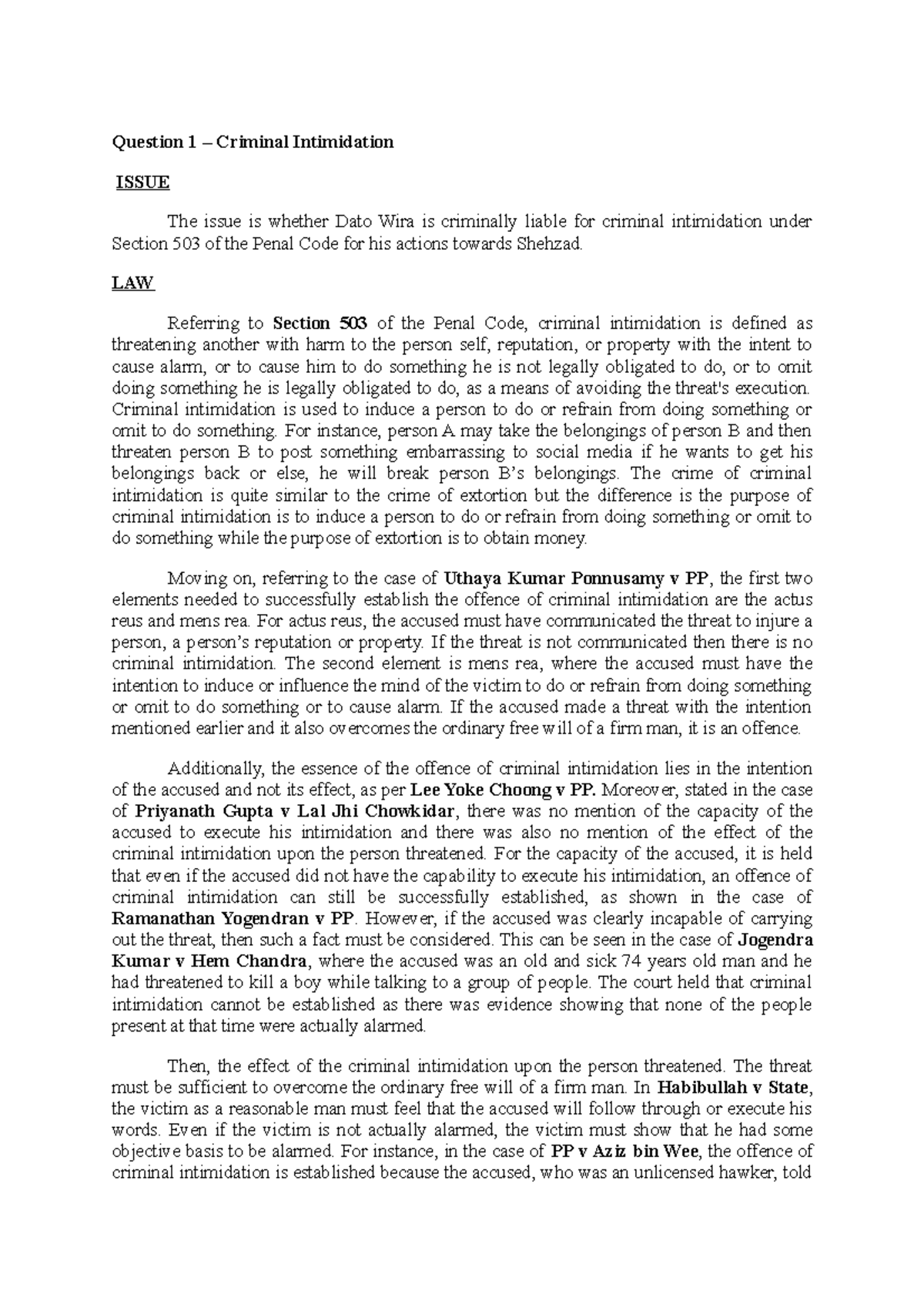 Criminal intimidation and criminal force - Question 1 – Criminal ...