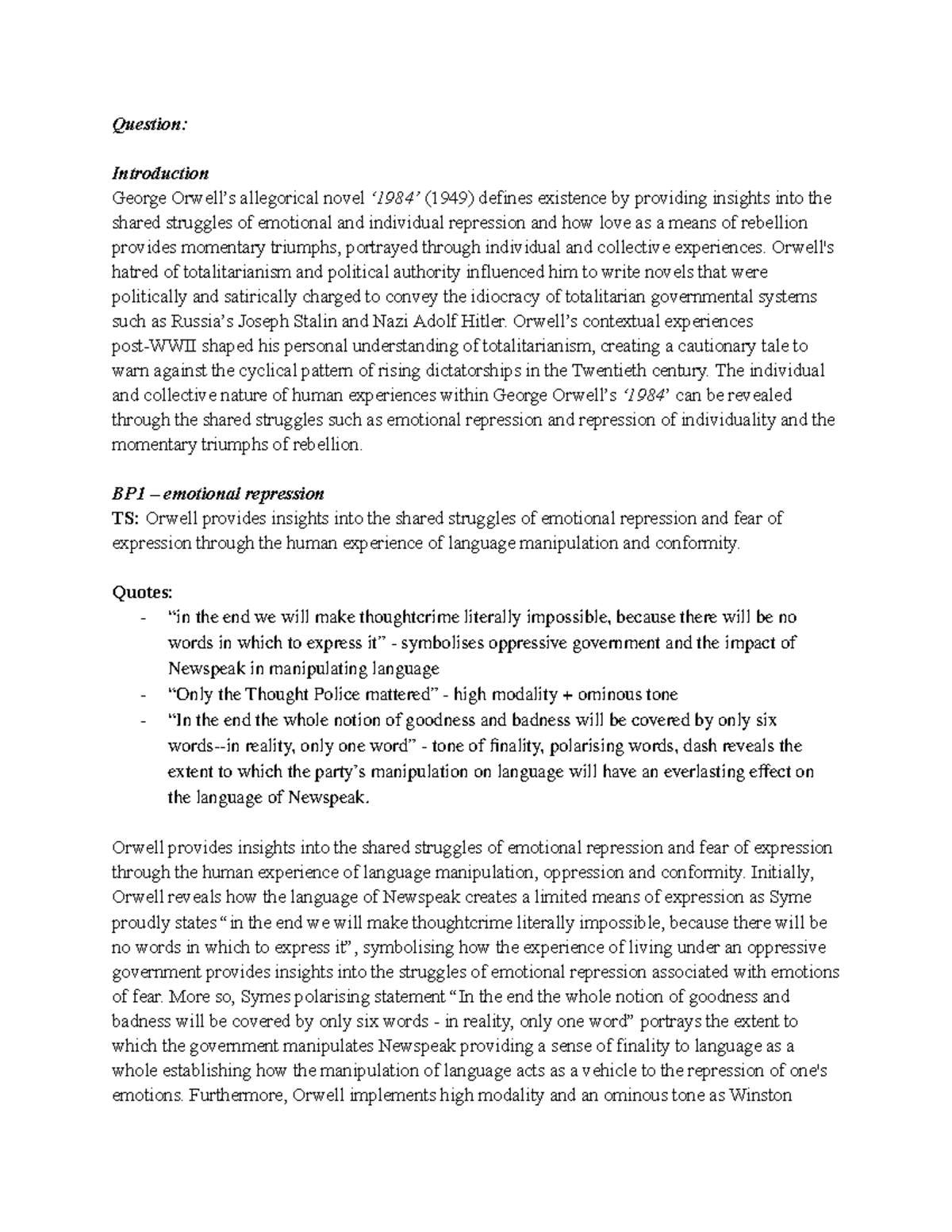 1984 Shared Essay - Question: Introduction George Orwell’s allegorical ...