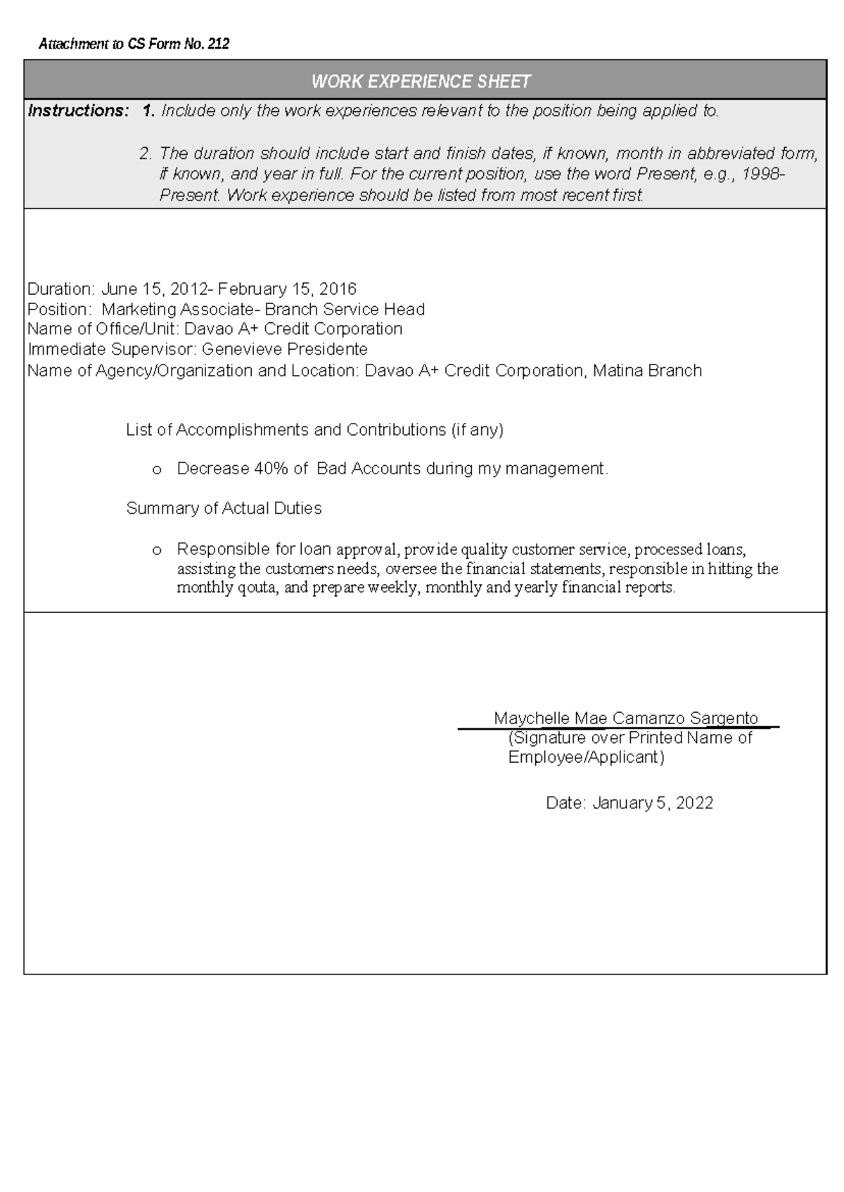 02 Work Experience Sheet - Attachment to CS Form No. 212 WORK ...