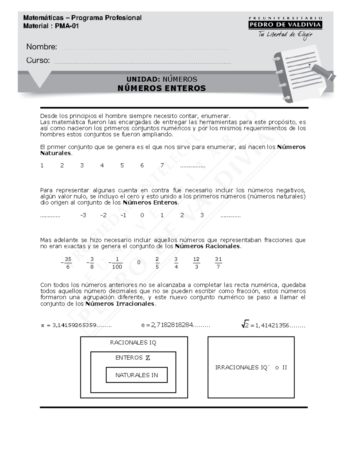 PMA 01 Números Enteros (7 ) - UNIDAD: N⁄MEROS N⁄MEROS ENTEROS Matemáticas – Programa Profesional ...