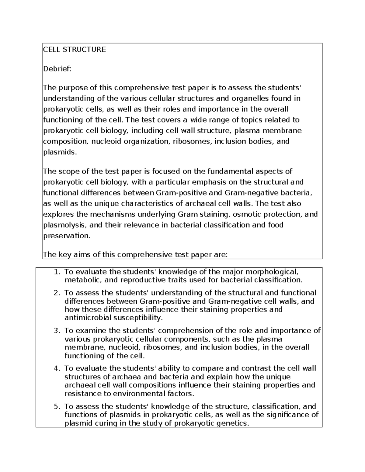 Memo for CELL Structure test - CELL STRUCTURE Debrief: The purpose of ...
