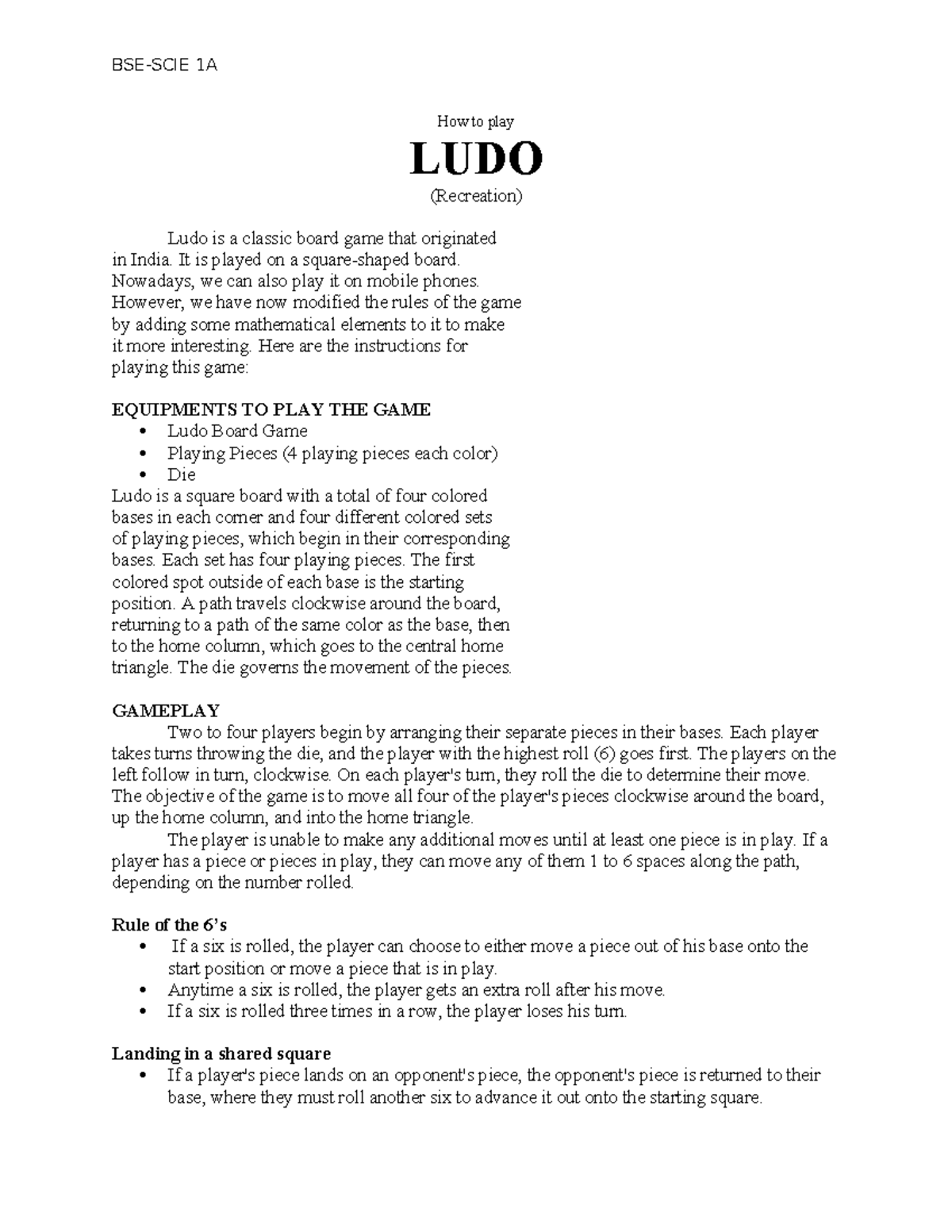 Recreationludommw - Modified game in relation to MMW - BSE-SCIE 1A How ...