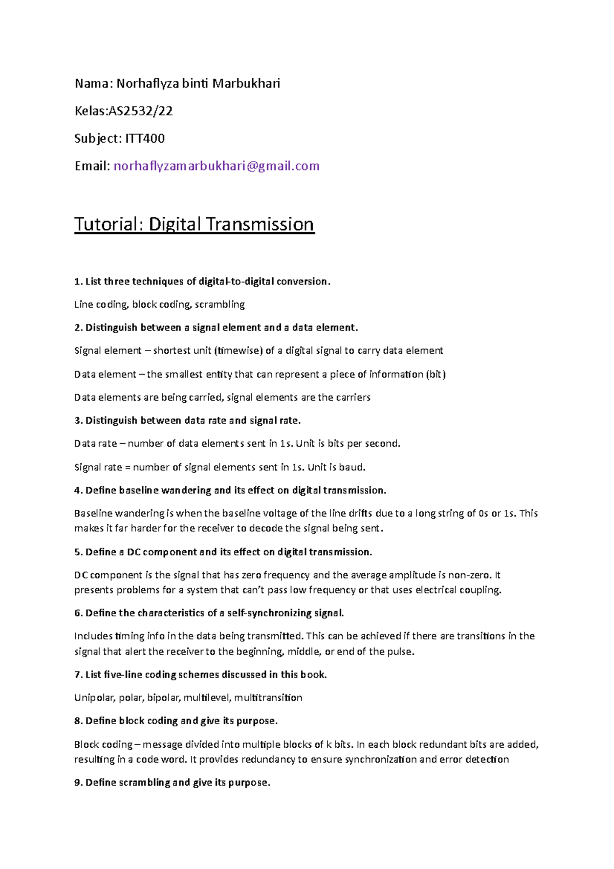 Tutorial chap3 Q - ITT 400 Chapter 3 : Digital transmission - Nama: Norhaflyza binti Marbukhari ...