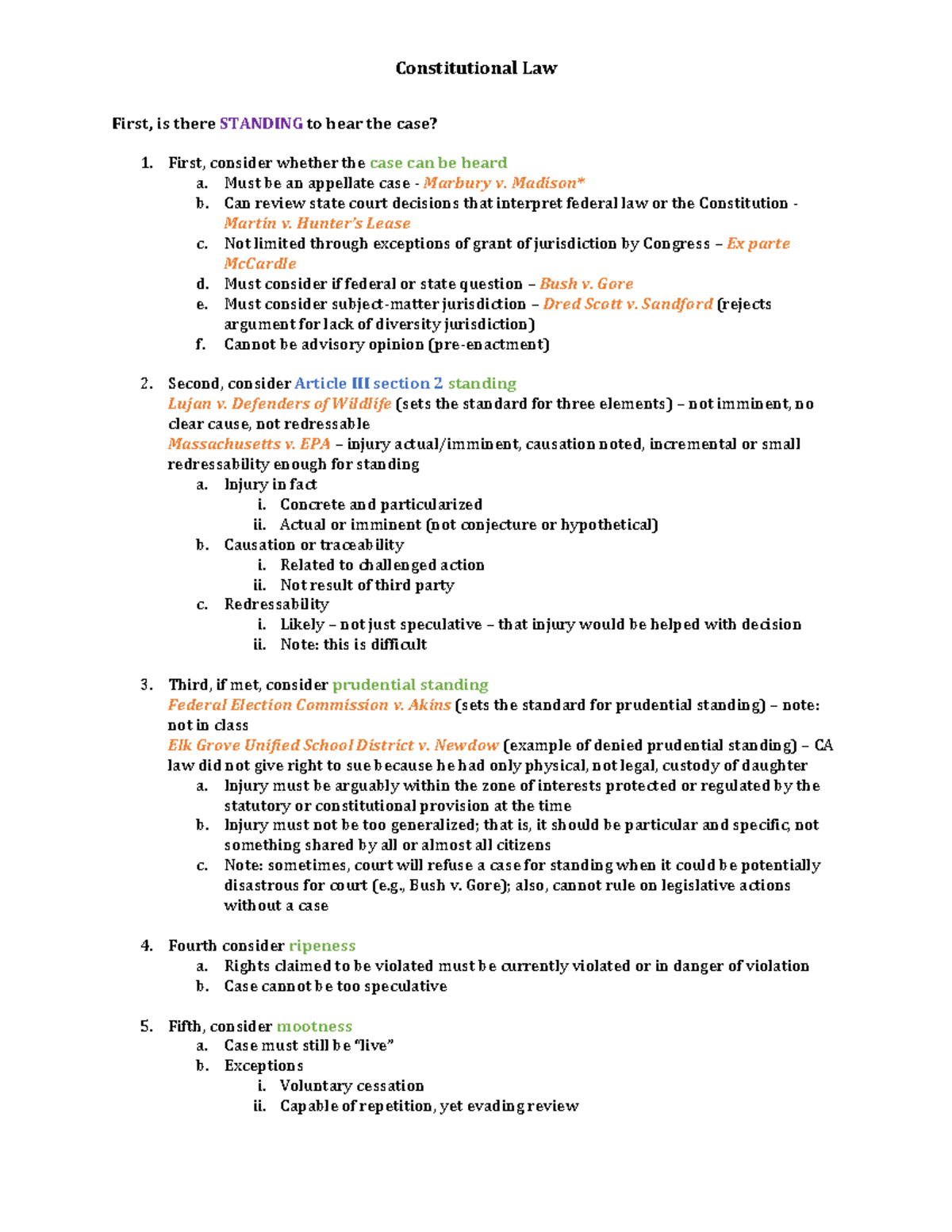 Con Law - Attack Outline - Short - First, is there STANDING to hear the ...