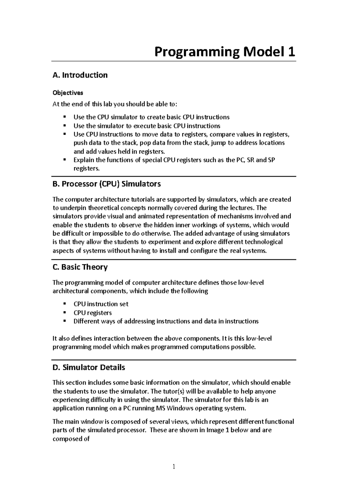 Processor (CPU) Simulators - Programming Model 1 A. Introduction Objectives At the end of this ...