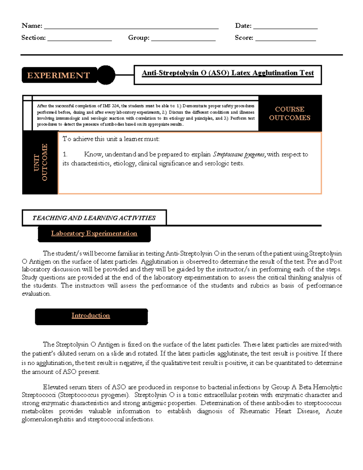 ASO Latex Agglutination TEST - Name ...