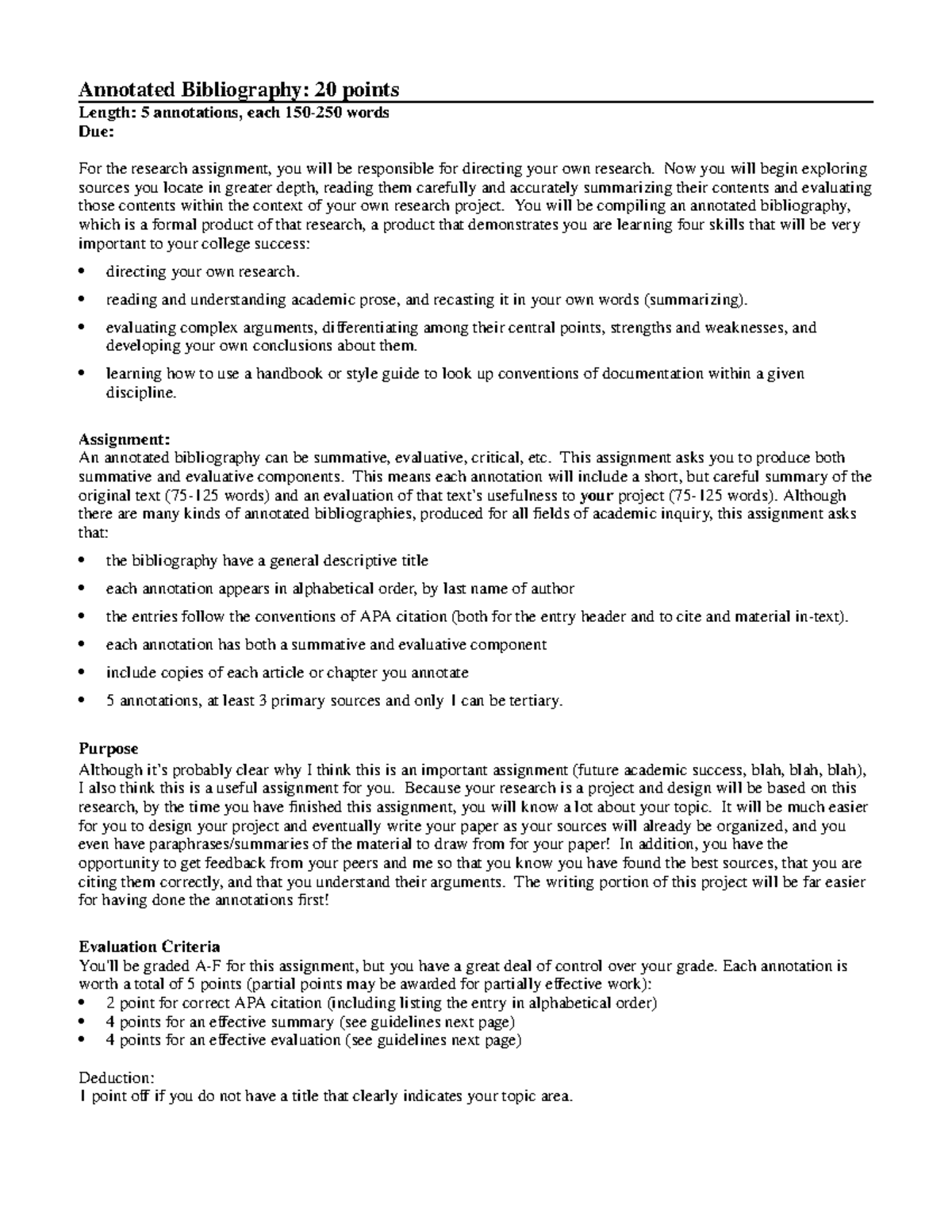 Annotated Bibliography 324online - Annotated Bibliography: 20 points ...