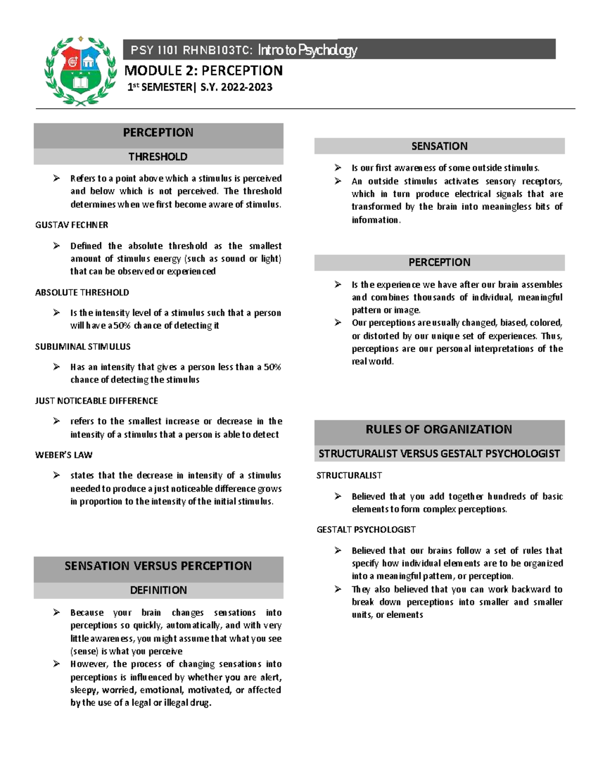 PSY1101-Notes merged - Notes about PSYCH 101 - PERCEPTION THRESHOLD ...