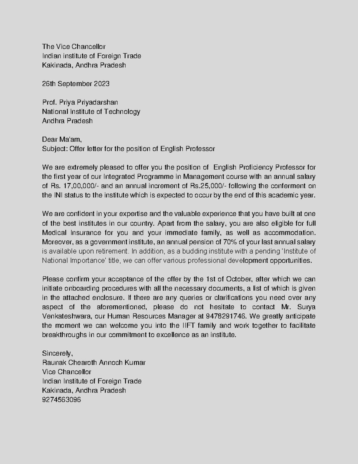 Eng Letter Assignmentab\\ - The Vice Chancellor Indian institute of ...
