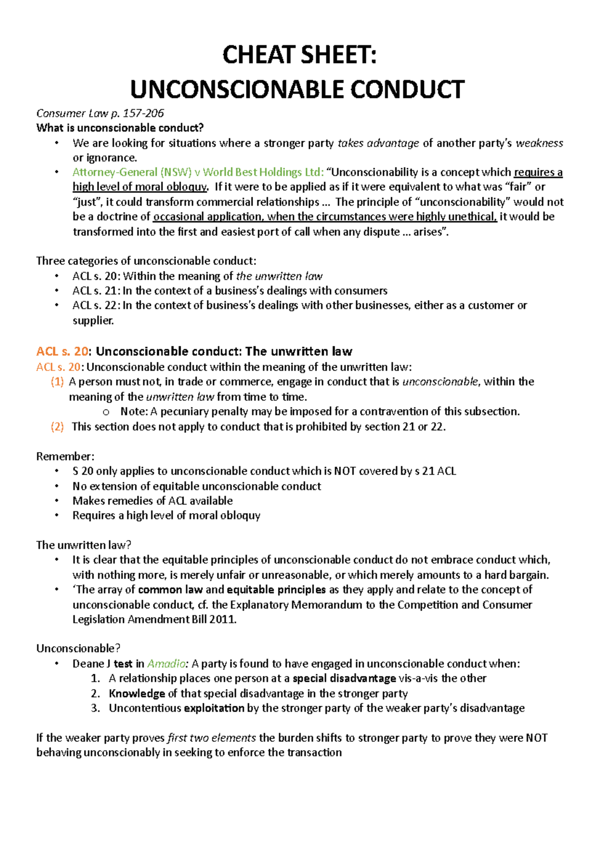 Cheat Sheet - Unconscionable Conduct - CHEAT SHEET: UNCONSCIONABLE ...