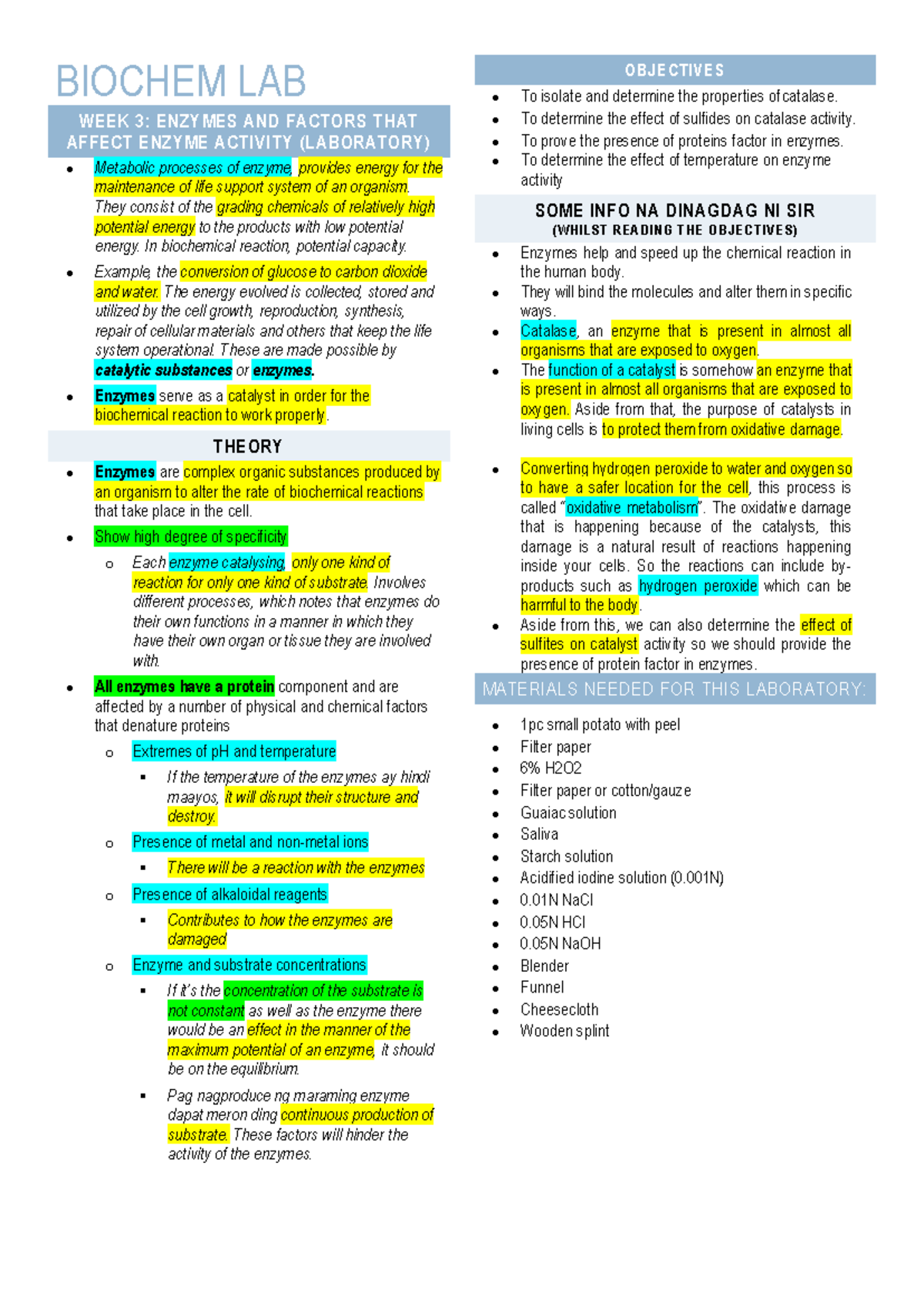 Biochem LAB Enzymes - BIOCHEM LAB WEEK 3: E NZY MES AND FACTO RS THAT ...