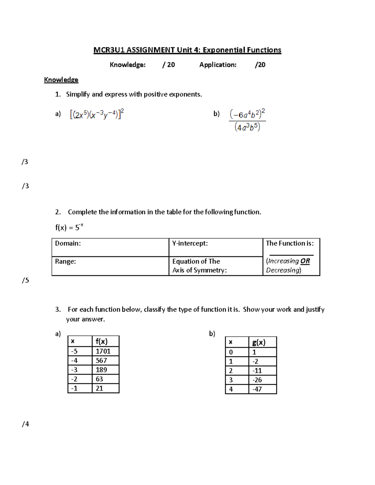 3U1Assign Unit 4Exp Fun (1) - MCR3U1 ASSIGNMENT Unit 4: Exponential Functions Knowledge: / 20 ...