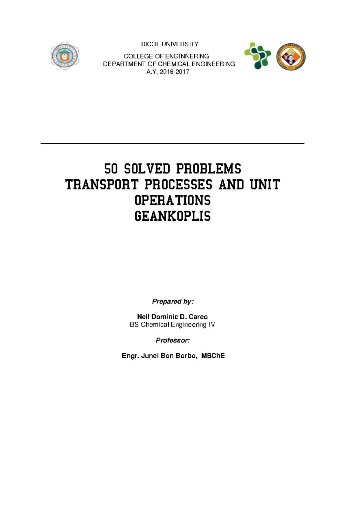 50 Solved Problems Transport Processes A - BICOL UNIVERSITY COLLEGE OF ...