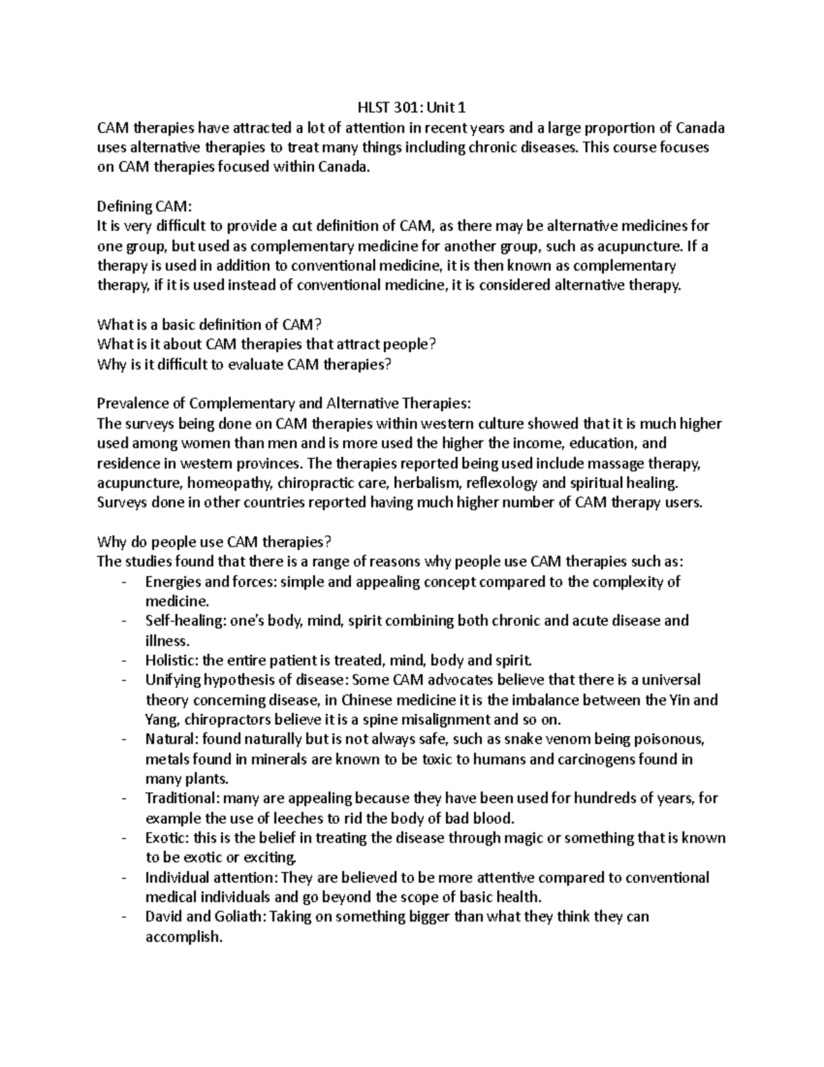 HLST 301 - unit 1 - Notes taken from both the readings and course notes ...