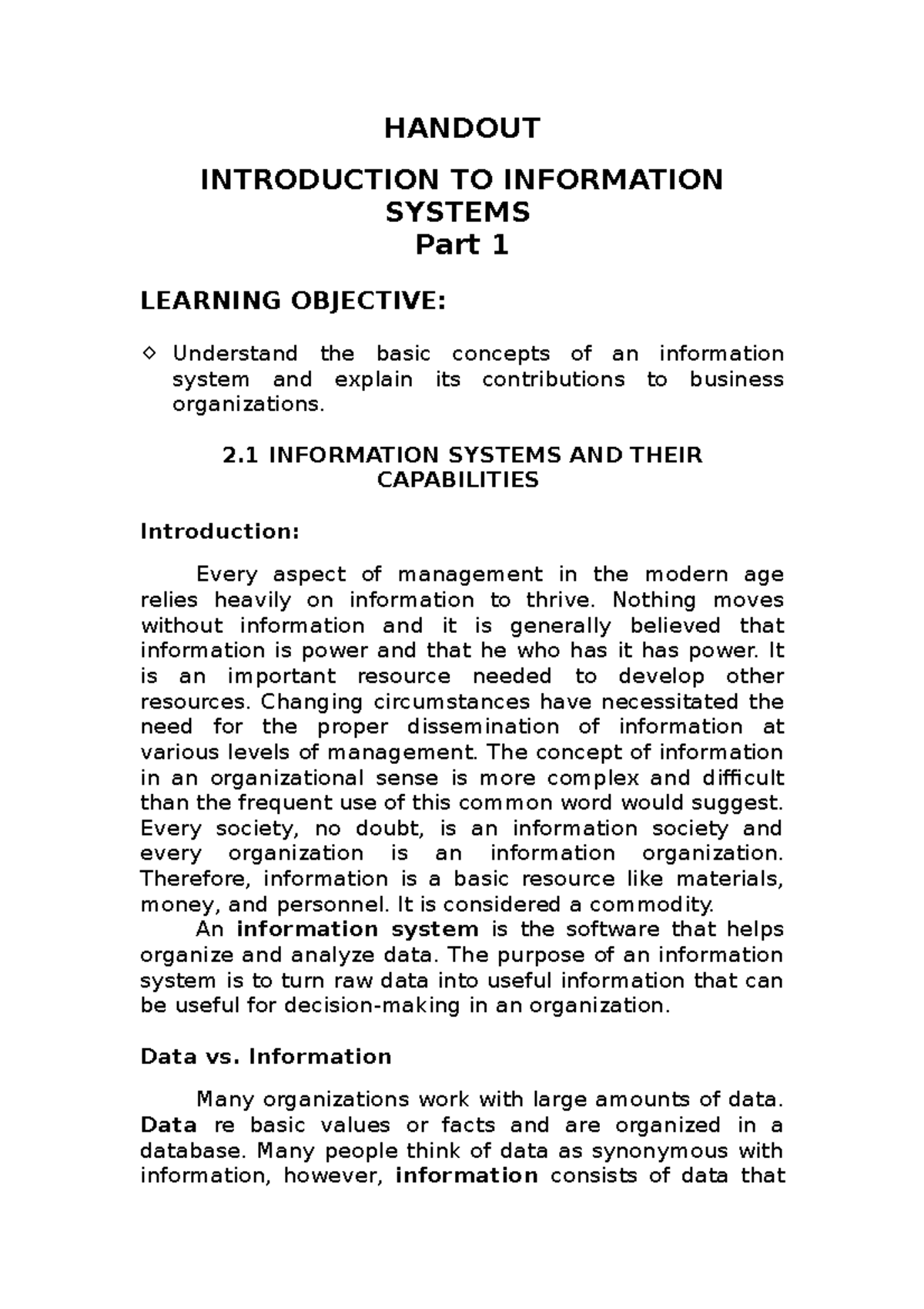 Learning Module 2 Handout - HANDOUT INTRODUCTION TO INFORMATION SYSTEMS ...