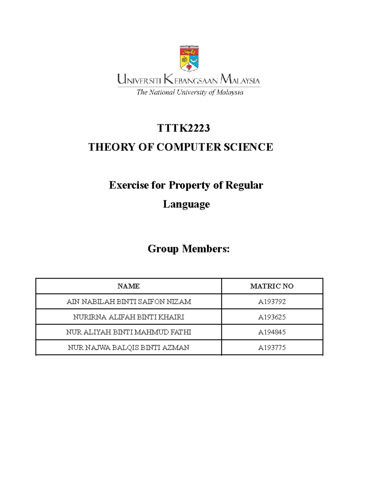 Exercise 5 (Exercise for Property of Regular) - Computer Science Theory ...