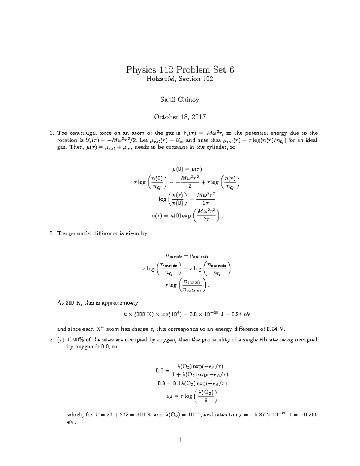 Hw6 - Hw6- sets problem - Physics 112 Problem Set 6 Holzapfel, Section ...
