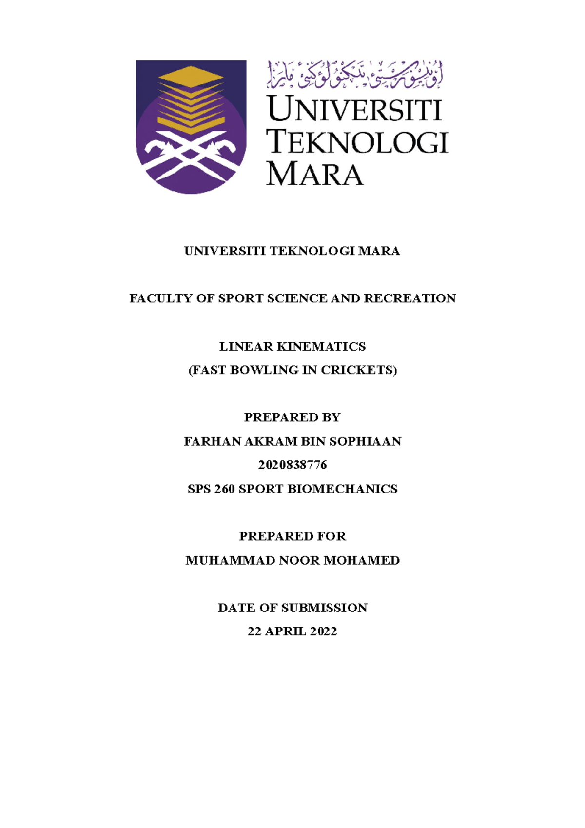 Individual Assignment - UNIVERSITI TEKNOLOGI MARA FACULTY OF SPORT ...