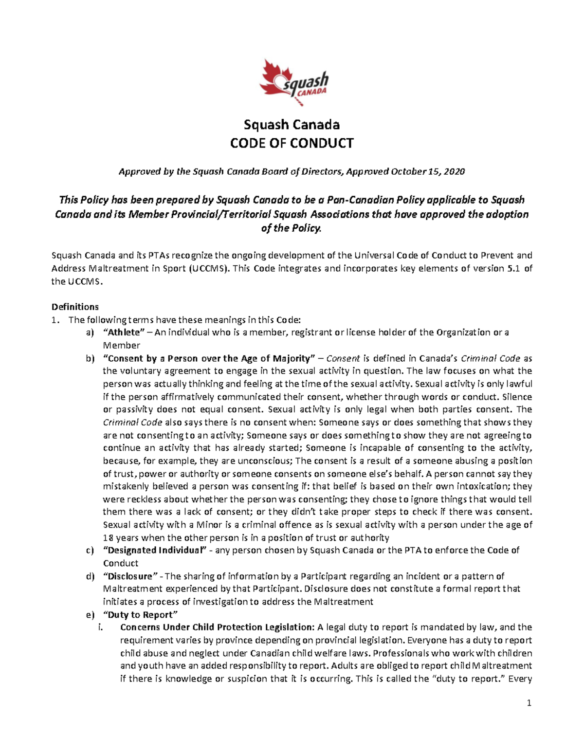 Pan Can Code of Conduct Universal Code 5 - Squash Canada CODE OF ...