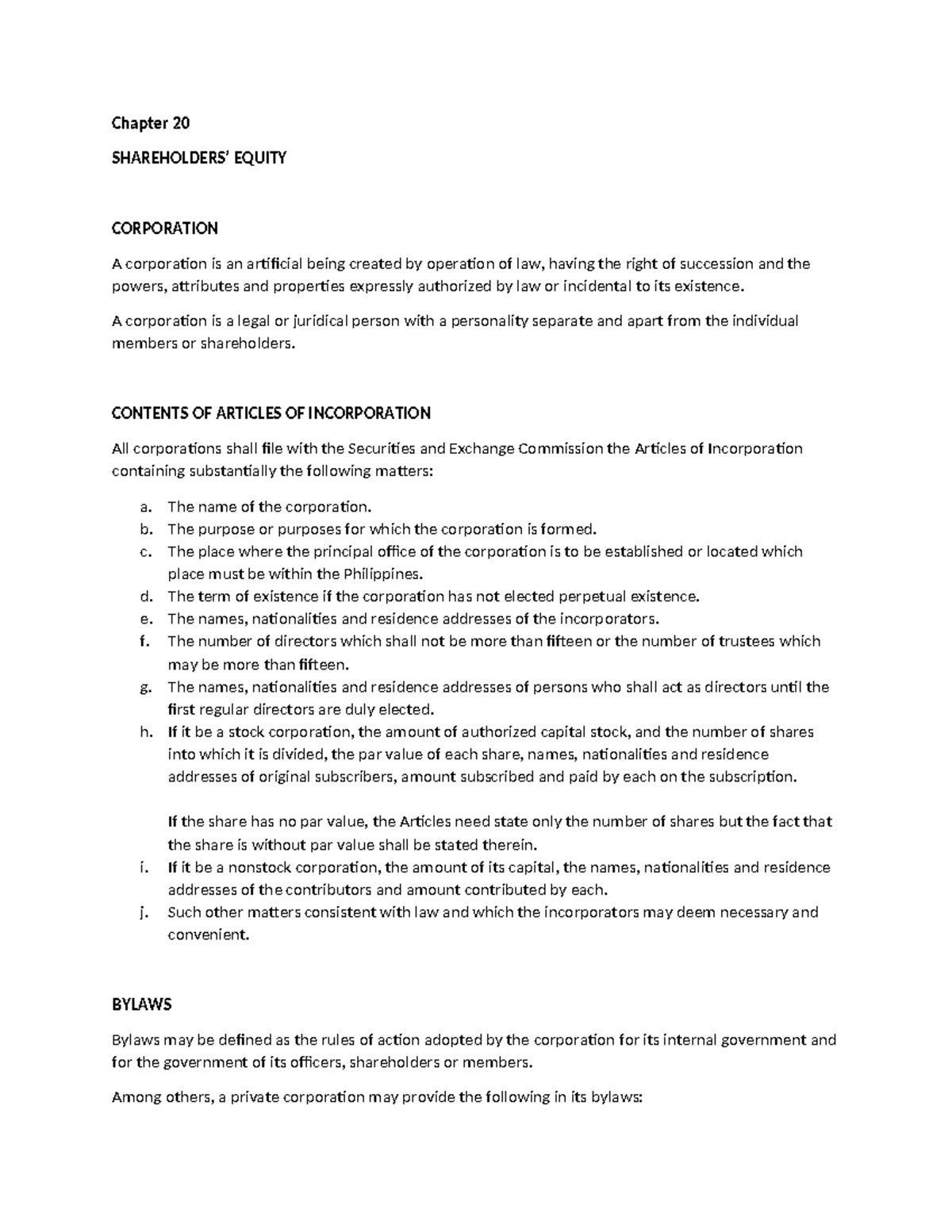 Chapter-20 - notes - Chapter 20 SHAREHOLDERS’ EQUITY CORPORATION A ...