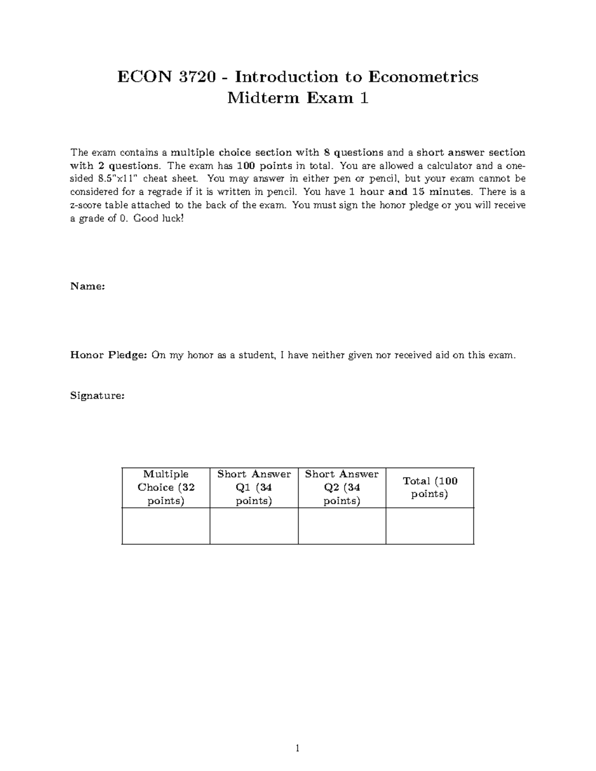 Midterm Exam 1 Practice Solutions Econ 3720 Introduction To