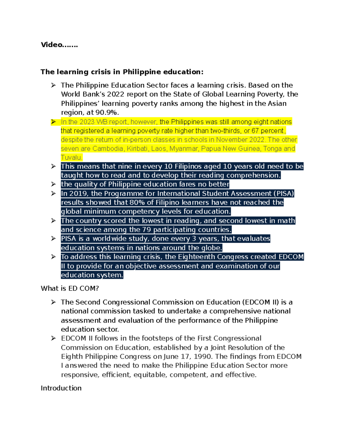 Educ 210 report - Video....... The learning crisis in Philippine ...