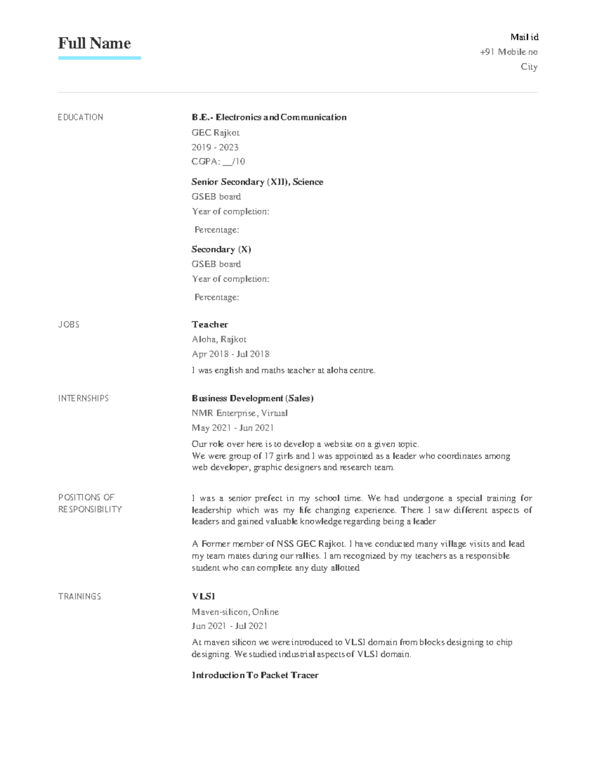 Resume format - god - Mail id +91 Mobile no City EDUCATION B ...