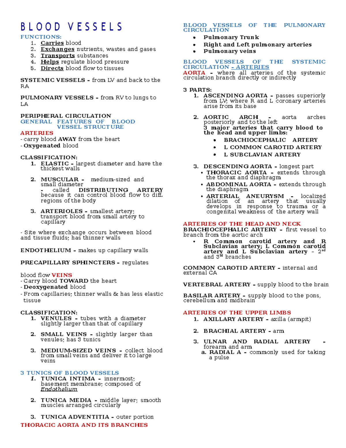Cardiovascular System - Blood Vessels - B L O O D V E S S E L S ...
