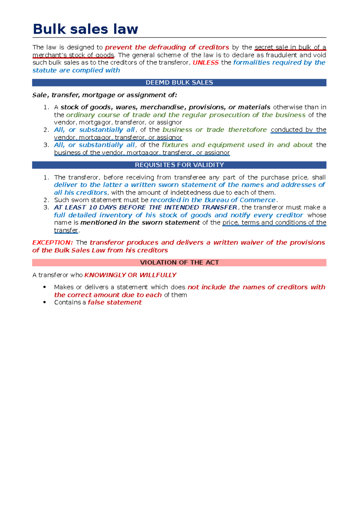 Bulk sales law - Bulk sales law The law is designed to prevent the ...