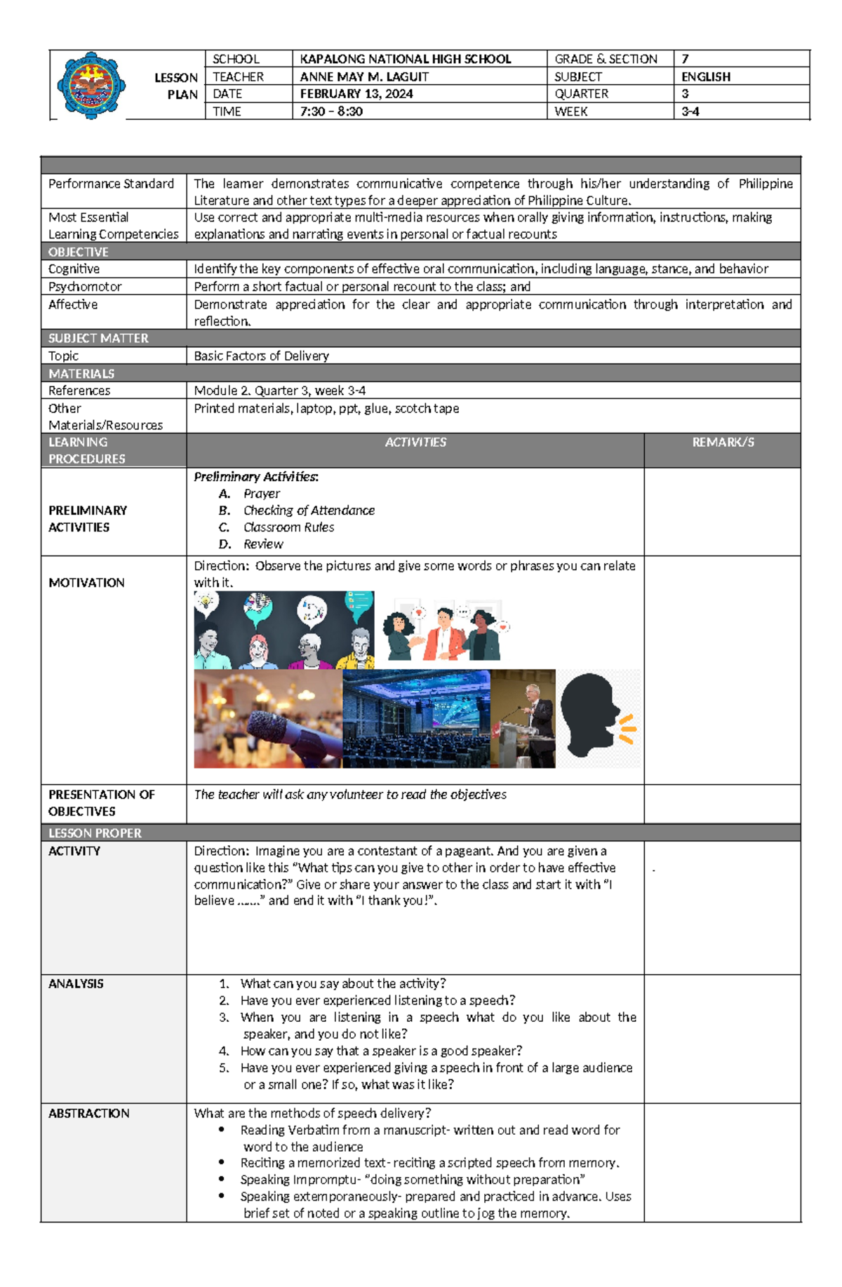 Lp2 - LESSON PLAN SCHOOL KAPALONG NATIONAL HIGH SCHOOL GRADE & SECTION ...