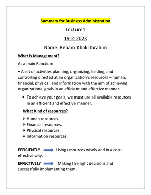 Business Administration - THE LECTURE 1 SUMMARY OF BUSINESS ...