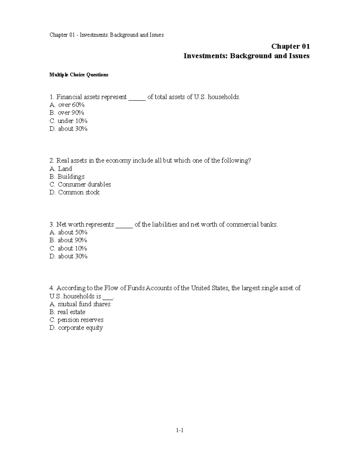 Chap001 - ... - Chapter 01 Investments: Background and Issues Multiple ...