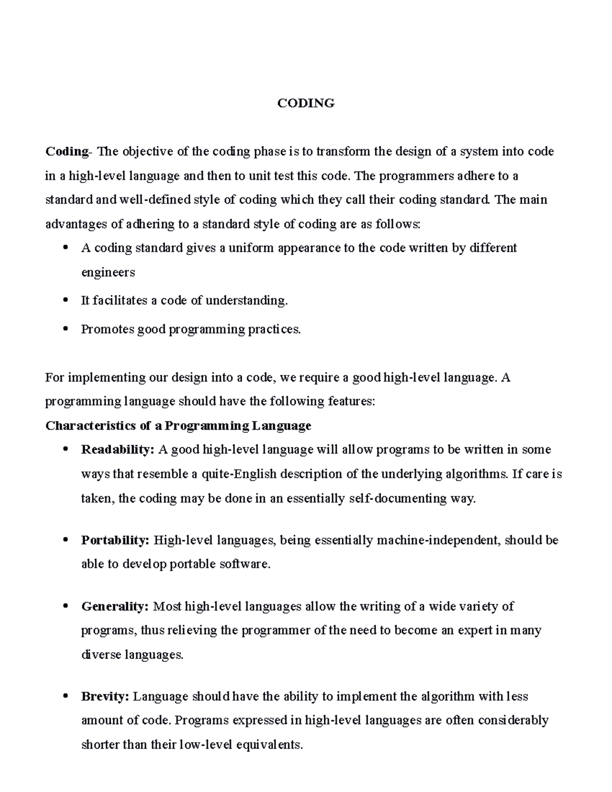 Coding - CODING Coding- The objective of the coding phase is to transform the design of a system ...