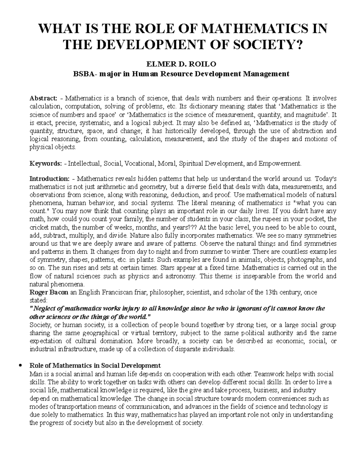 Assignment Mathematics - WHAT IS THE ROLE OF MATHEMATICS IN THE ...