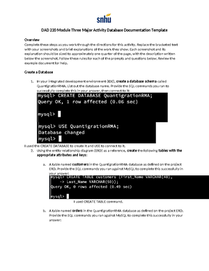 DAD 220 Module Four Major Activity Database Documentation Template - Replace the bracketed text ...