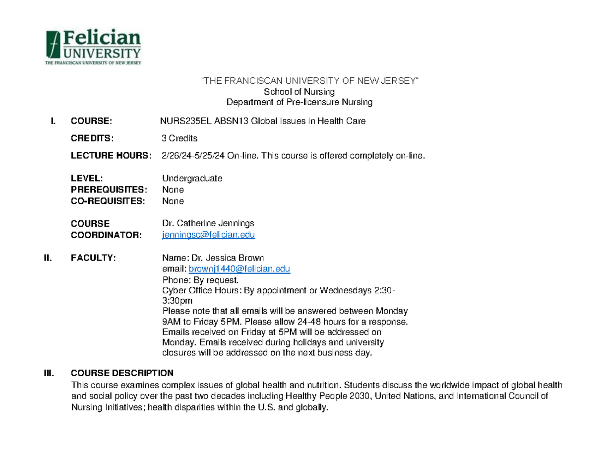 Global Health Syllabus - “THE FRANCISCAN UNIVERSITY OF NEW JERSEY ...