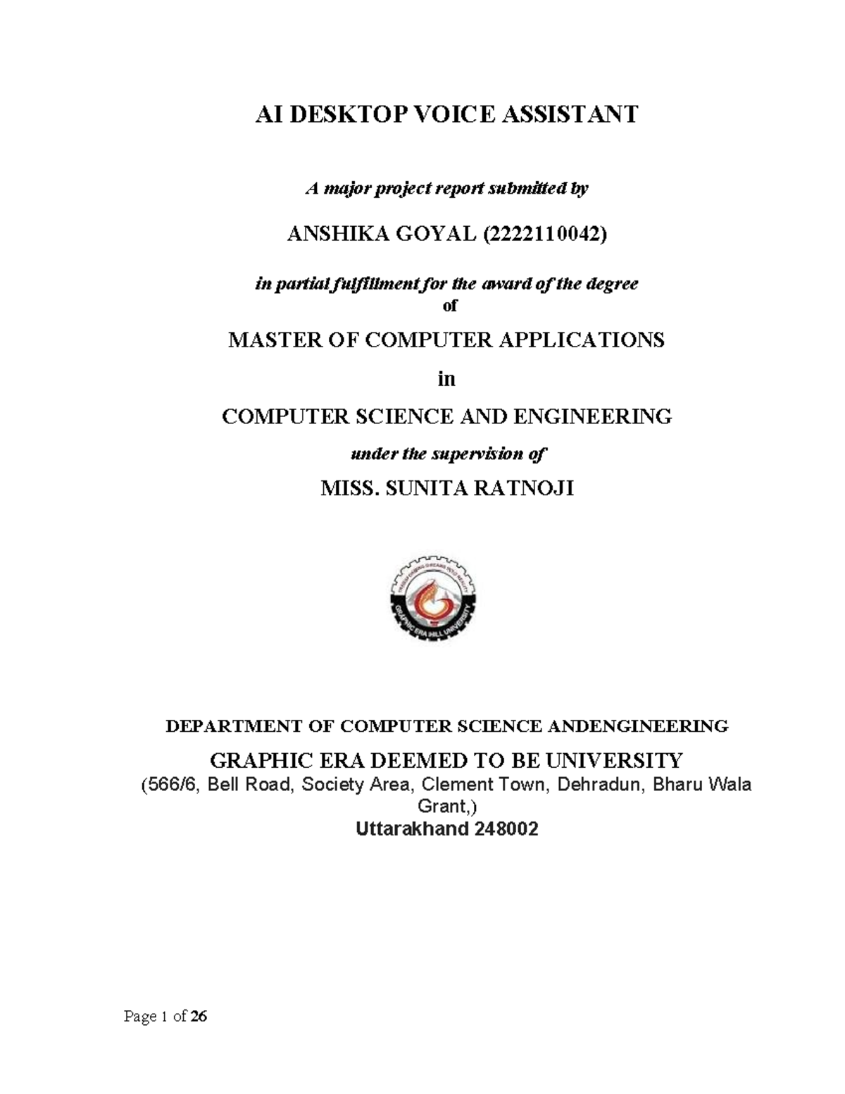 Project Report - AI Desktop Assistant - Page 1 of 26 AI DESKTOP VOICE ...