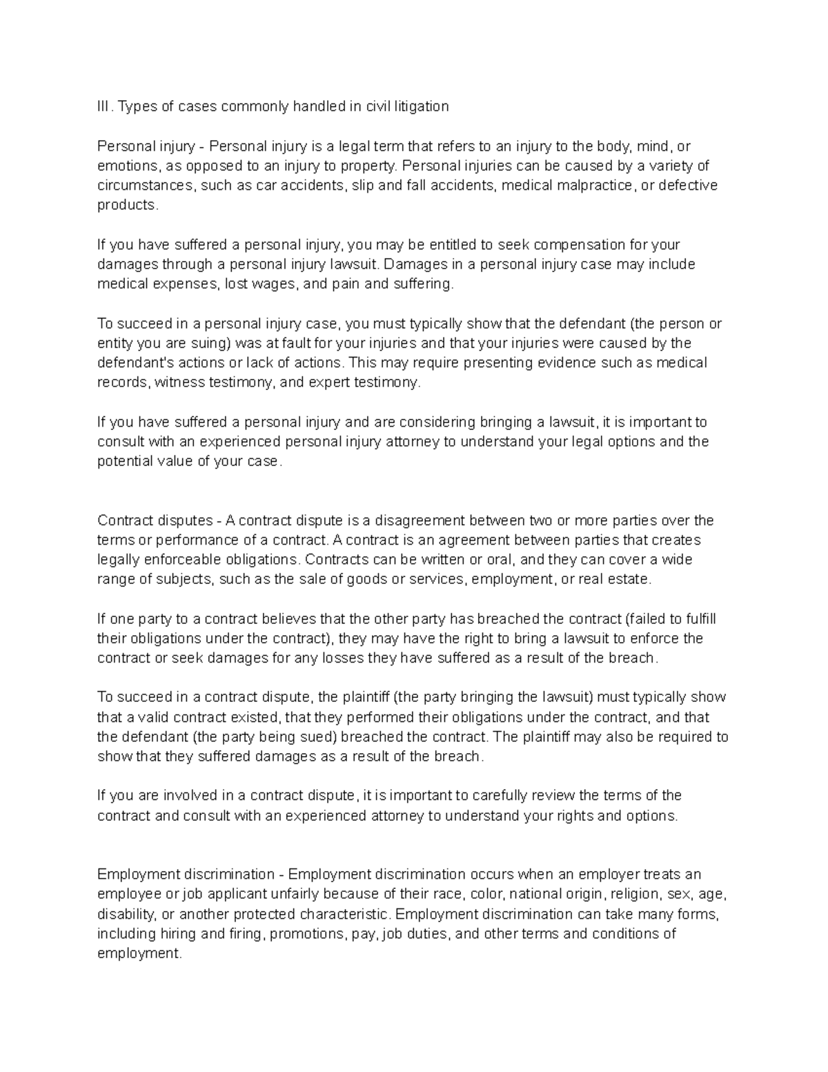 Civil Litigation 2 - III. Types of cases commonly handled in civil ...