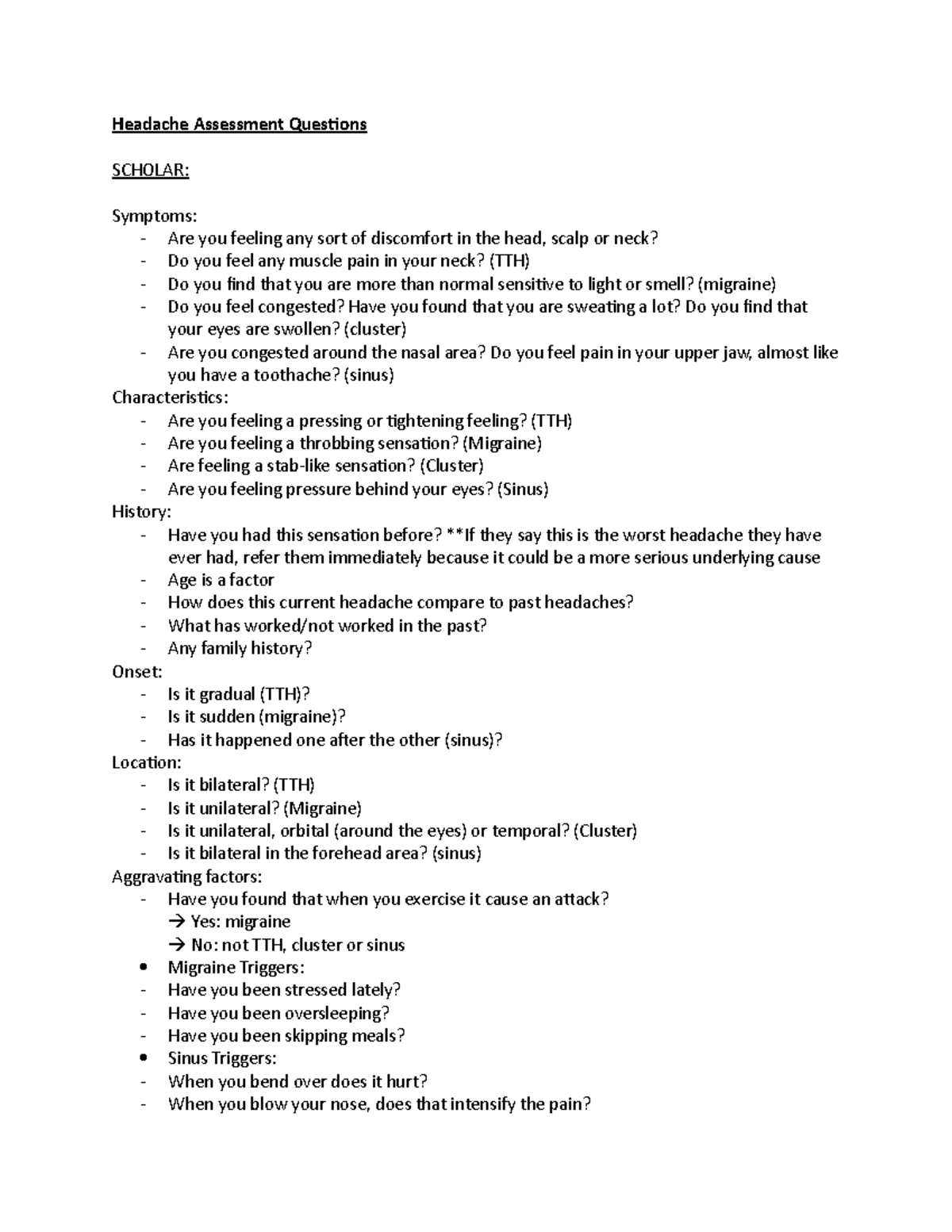 Headache Assessment Review Questions - Headache Assessment Questions ...