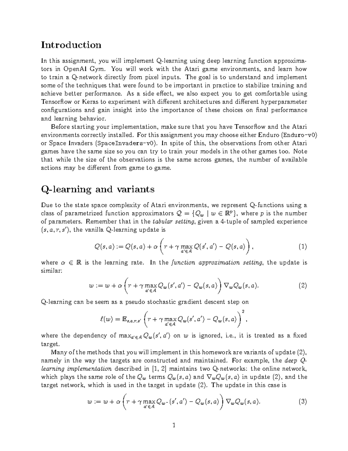 Deep Q Learning Lecture Notes Introduction In This Assignment You Will Implement Q Learning
