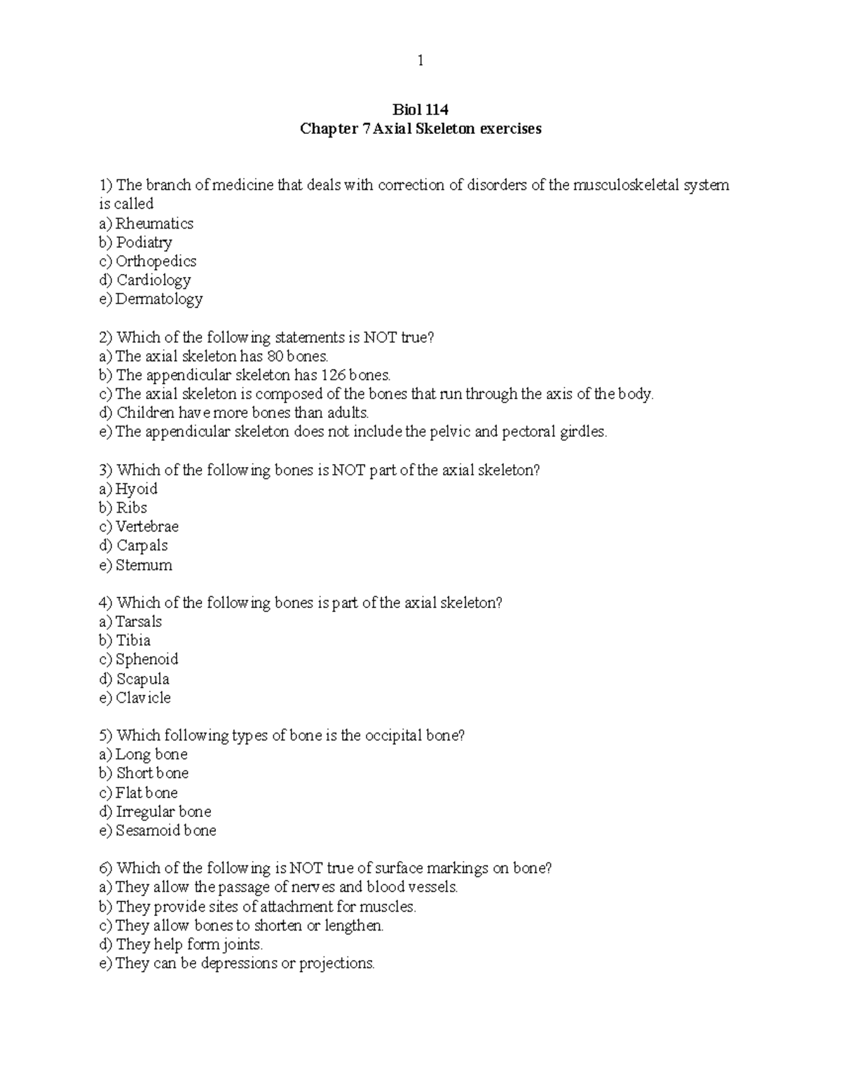 Chapter 7 Axial skeleton exercises - Biol 114 Chapter 7 Axial Skeleton ...
