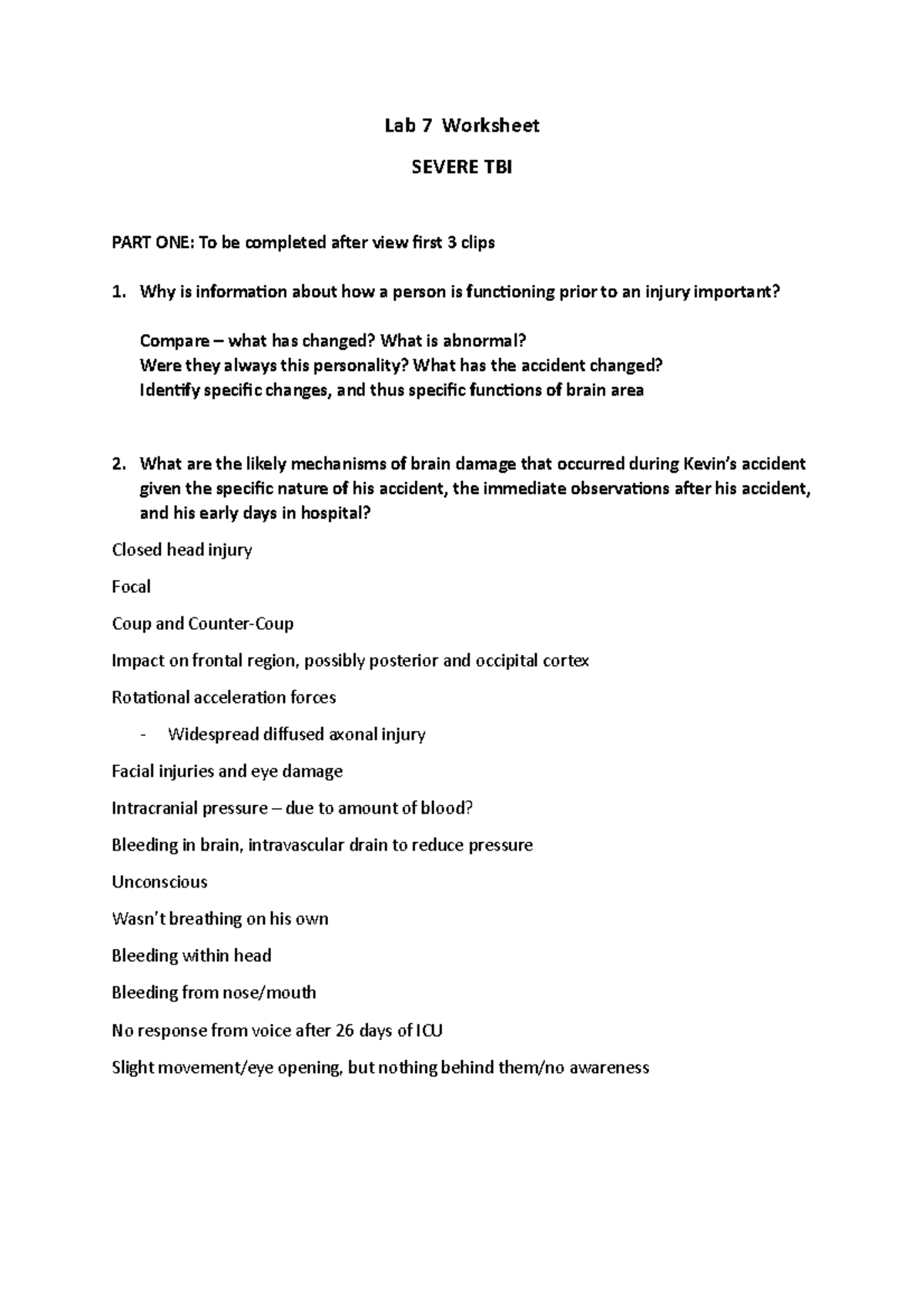 Lab 7 Worksheet - Lab 7 Worksheet SEVERE TBI PART ONE: To be completed ...