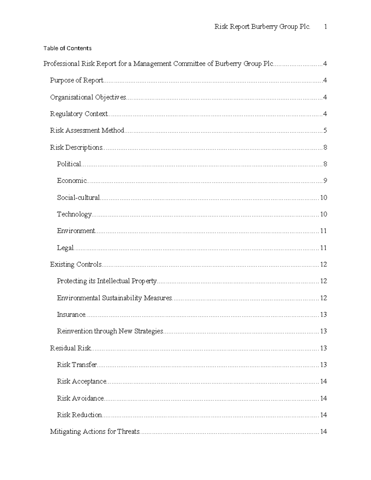Brm-bur - Table of Contents Professional Risk Report for a Management ...