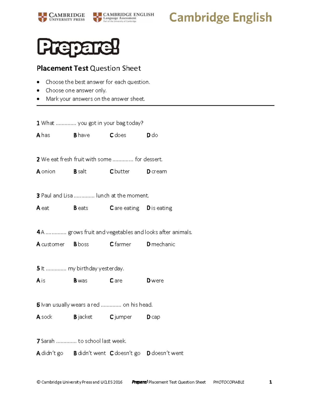 Prepare Placement Test - Placement Test Question Sheet Choose the best ...
