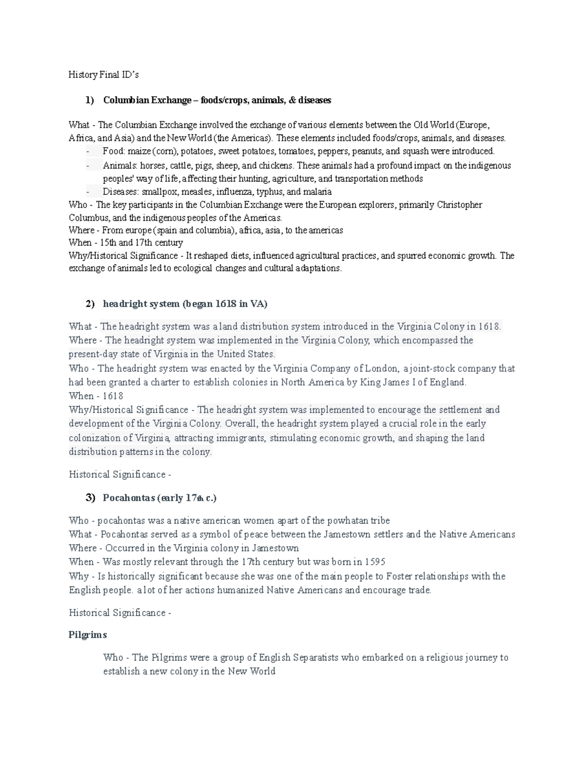 History Final Study Guide - History Final ID’s 1) Columbian Exchange ...
